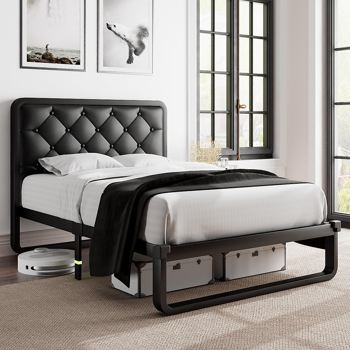 Feonase Twin Bed Frame, Upholstered Platform Bed Frame with Heavy-Duty Steel Slats, Diamond Tufted Headboard, 12" Storage Space, No Box Spring Needed, Noise Free, Easy Assembly, Black