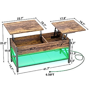 Aheaplus Coffee Table, Lift Top Coffee Table with LED Light and Power Outlet, Modern Lift-Top Center Table with Storage Shelf, for Living Room with Lift Tabletop, X Support Metal Frame, Rustic Brown