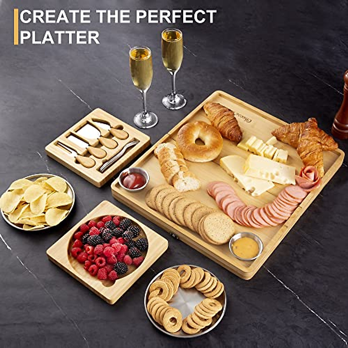 SunClenase Foldable Charcuterie Boards Gift Set - Bamboo Cheese Board and Knife Set - Large Charcuterie Board Set- Perfect Housewarming & Wedding Gifts