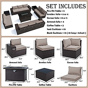 Gotland 13 Piece Large Outdoor Furniture Set, 10 Seater Wicker Patio Furniture Set, All Weather Deck Wicker Conversation Set with 43" Fire Pit Table has 10 Sofa Seats, 2 Coffee Tables and 4" Cushion’