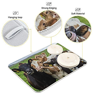 Kitchen Dish Drying Mat Farm Animal Cow Cattle Absorbent Washable Dish Drying Pad Drainer Rack Mat Heat Resistant Counter Protector for Glass Plate Cup Pan 18x24in