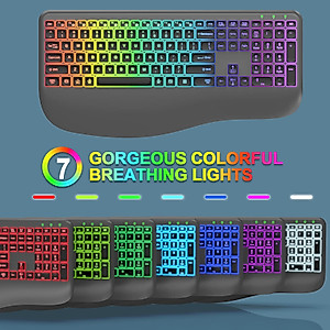 Wireless Keyboard and Mouse Combo with 7 Colors Backlit, Wrist Rest, 2.4G Rechargeable Ergonomic Full Size Light Up Wireless Keyboard and Mouse Set for Computer, PC, Mac, Laptop, Chromebook (Grey)