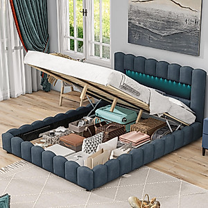 FEELHOME Queen Size Lift Up Storage Bed/Button Tufted Wingback Headboard/Hydraulic Storage/Upholstered Platform Bed Frame/No Box Spring Needed/Wood Slats Support/Light，Deep Blue