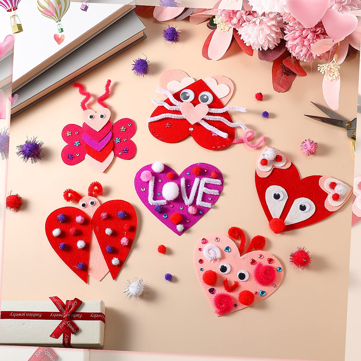 436 Pieces Valentine's Day Felt Heart Craft Kit Assorted DIY Heart Ornaments Decorations with Pom-poms Cleaners Googly Eyes Gem Sticker Craft Supply for DIY Craft Party Favor Scrapbook Decor