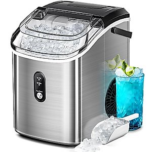 AGLUCKY Nugget Ice Maker Countertop, Portable Pebble Ice Maker Machine, 35lbs/Day Chewable Ice, Self-Cleaning, Stainless Steel, Pellet Ice Maker for Home/Kitchen/Office (Silver)