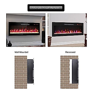60 inch Electric Fireplace in-Wall Recessed and Wall Mounted with Remote and 16 Colors Flame & 16 Emberbed Colors, Adjustable Temperature LED Light Fireplace Heater, Timer, Low Noise