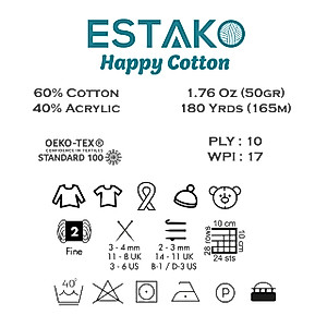 Estako Happy Cotton, 60% Cotton 40% Acrylic Yarn, Soft, Fine/Sport (2) for Crochet and Knitting 1.76 Oz (50g) / 180 Yrds (165m) (4110 - White)
