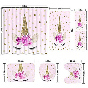 7 Pcs Unicorn Shower Curtain Sets with Rugs and Bath Towel, Non-Slip Rug, Toilet Lid Cover, Bath Mat and Towel, Pink Cartoon Unicorn Bathroom Shower Curtain with 12 Hooks for Kids Girl Bathroom, Large