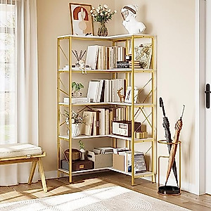 YITAHOME Corner Bookshelf, Gold Corner Shelf 5 Tier Bookcase, Large Display Rack Storage for Bedroom, Living Room, Home Office,White&Gold