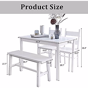 Dining Kitchen Table Set for 4, Solid Wood 4 PC Table and Chair Set, Rectangular Kitchen Table with 2 Chairs and Bench, Modern Farmhouse Dinette Table Set for Kitchen, Dining Room, Easy Assembly