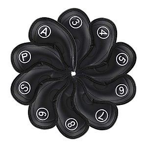 Golf Irons Club Head Covers, Golf 10pcs Set Thick PU Leather Waterproof Head Covers with Number Tag 3-9/A/P/S Fit Most Irons Club (Black)