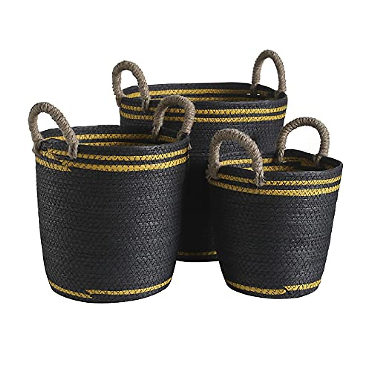 Motifeur Paper Rope Handwoven Storage Basket with Handles (Assorted Set of 3, Black and Gold)