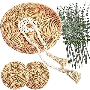 Round Rattan Serving Tray Woven Basket Tray 13.8 Inch Wicker Coffee Table Decorative Tray with Handles 2 Pcs Coasters 1 Pcs Rustic Wood Bead Garland 24 Pcs Eucalyptus Stems for Wedding Home Decor