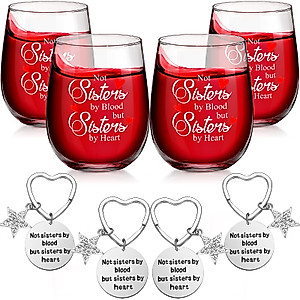 Set of 8 Sister Friends Gifts Not Sisters by Blood But Sisters by Heart 15 oz Funny Stemless Wine Glasses Friendship Keychain Birthday Christmas Gift for Sisters in Law Friends Women Girls Female
