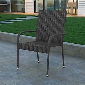 EMMA + OLIVER Sala Stacking All-Weather Patio Chair - Gray Woven Polyethylene Wicker - Powder Coated Steel Frame - for Indoor & Outdoor Use - Set of Four