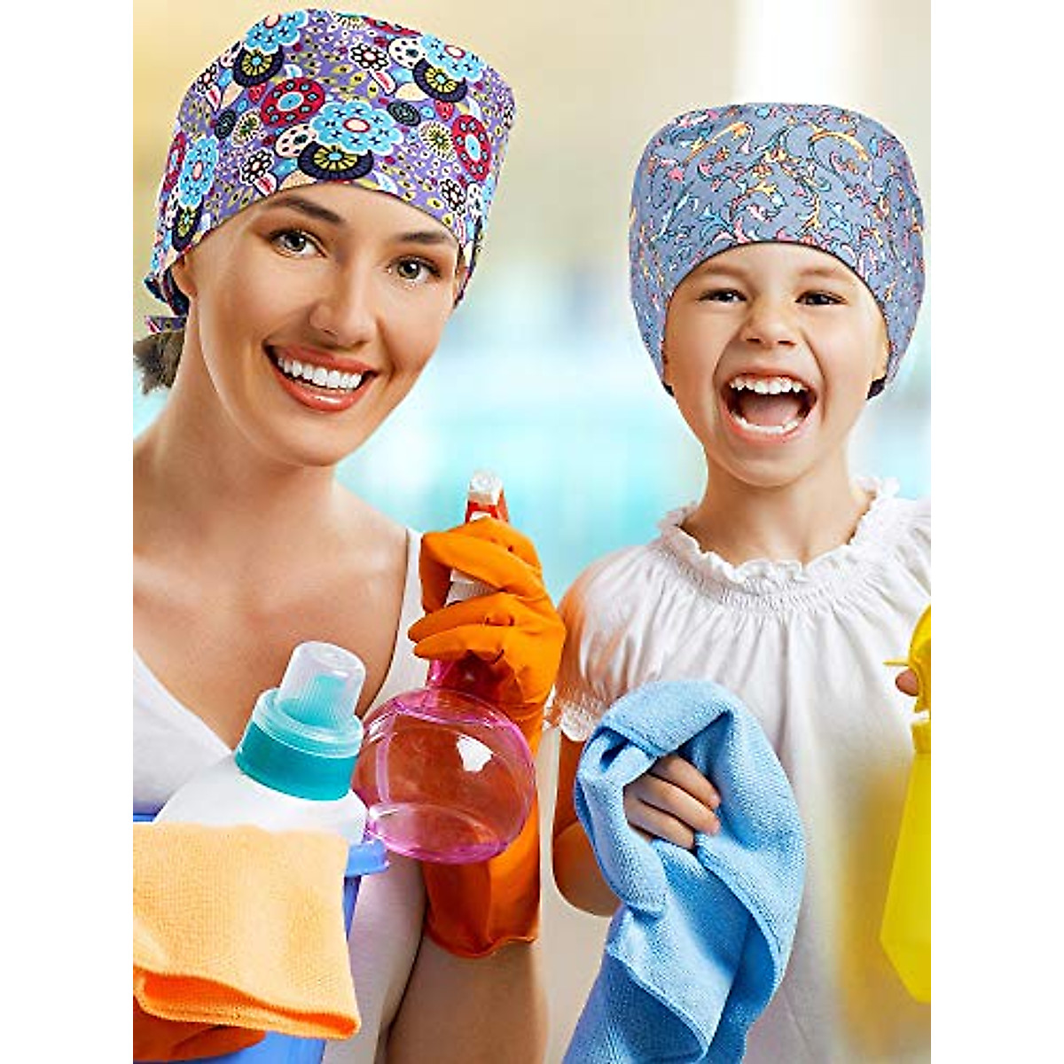 8 Packs Gourd-Shaped Working Cap with Buttons Sweatband Adjustable Hats Tie Back Hats Headwear Printed for Women Men, Multicoloured, Medium