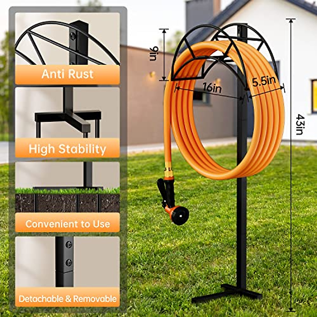 Hongmai Garden Hose Holder Freestanding, Heavy Duty Water Hose Hanger Hose Reel for Outdoor, Detachable Metal Hose Stand Hose Rack Hose Storage for Garden Lawn Yard (Black A)