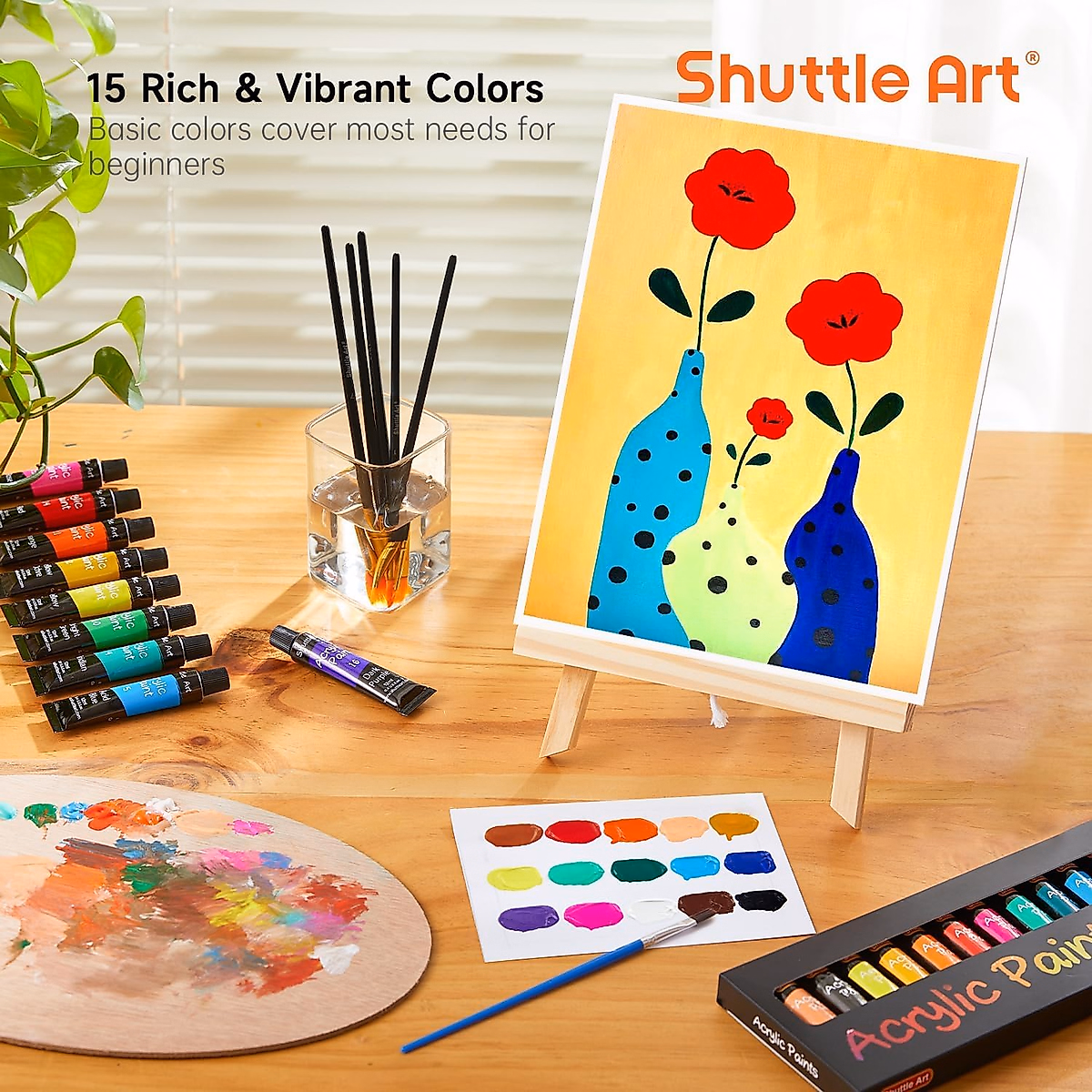 Shuttle Art 69 Pack Acrylic Paint Set, Acrylic Painting Set with 2 Pack of 15 Colors Acrylic Paint, 3 Sets of Wooden Easels, Canvas, Brushes & Palettes, Art Painting Supplies for Kids Adults Beginner