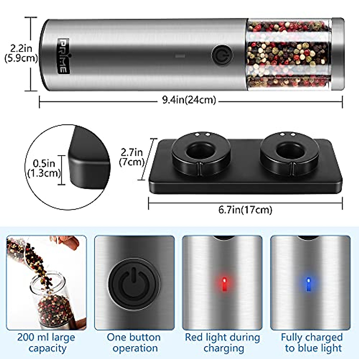 PRIME, Electric Salt and Pepper Grinder Set, 2 Mills, Rechargeable, With Charging Base, USB Cable, Power Adapter, Automatic Tact Switch Operation, Adjustable Coarseness, Stainless Steel (Ver. 2.2)