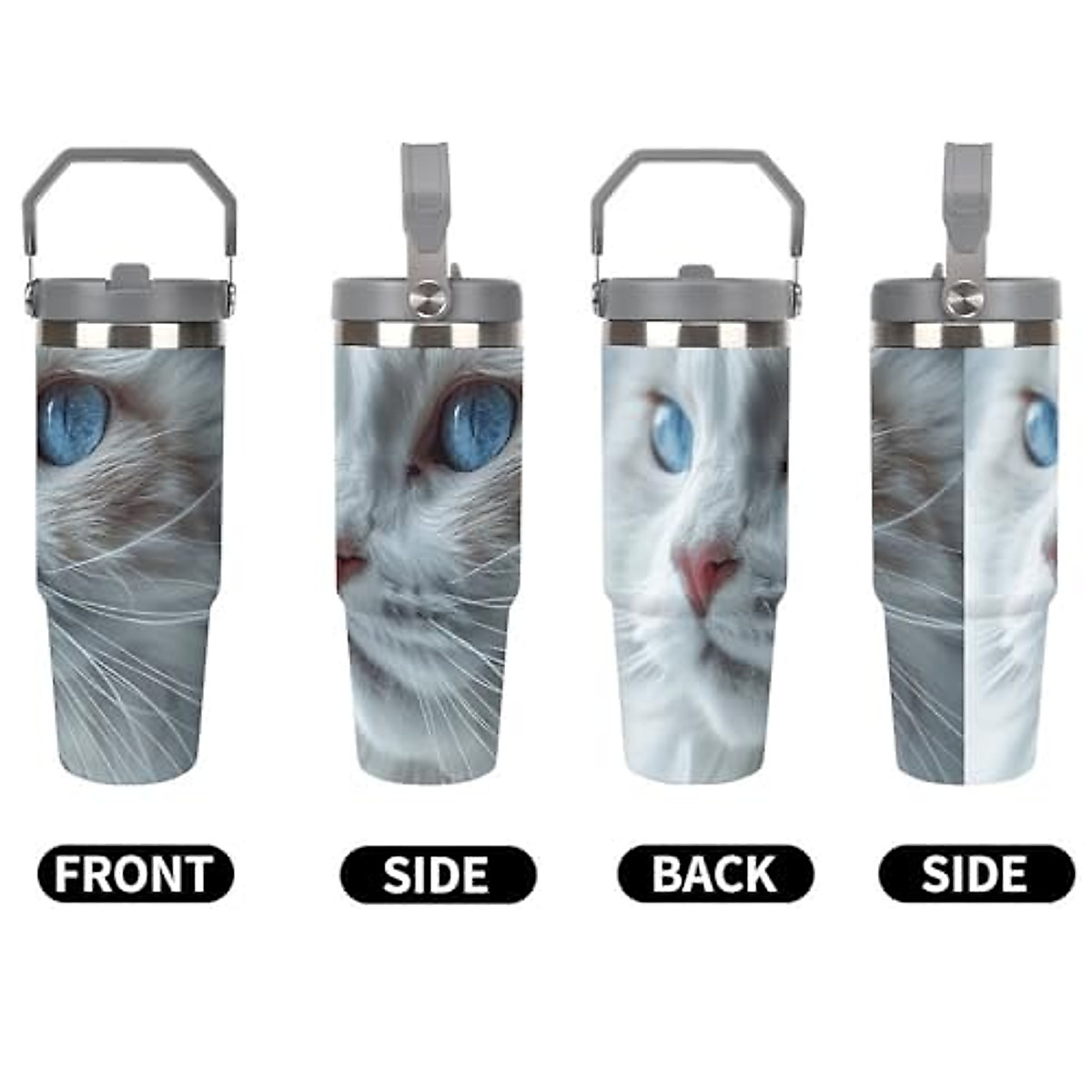 30oz Stainless Steel Insulated Tumbler with Flip Lid & Straw, Leakproof Travel Mug for Car, Blue Eyes Cat Double Wall Vacuum Thermal Coffee Cup with Handle, Spill-Proof Design for Hot/Cold Drinks