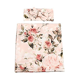 Galabloomer Newborn Receiving Blanket Headband Set Flower Print Baby Swaddle Receiving Blankets Vintage Rose