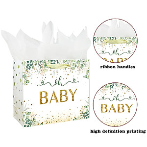 13" Large Baby Boy Girl Gift Bag for Baby Shower or Birthday with Handle, Tissue Paper and Greeting Card (Sage Green Design)