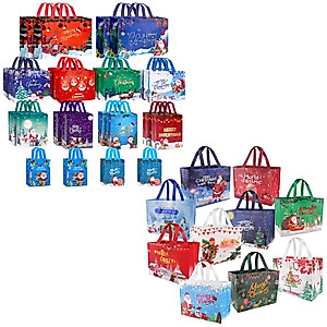 Fayayuan 34 Pack Christmas Gift Bags Assorted Sizes, 22 Styles Reusable Tote Bags Includes 4 Extra Large 17",18 Large 13",8 Medium 10",4 Small 8" Non-Woven Christmas Bags for Xmas Party Supplies