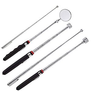 Yebazy 5 Pieces Magnetic Telescoping Pick-up Tool Kit with 1 lb/ 15 lb Pick-up Rod, Telescoping Handle 360 Swivel Round Inspection Mirror for Extra Viewing Pickup Dead Angle