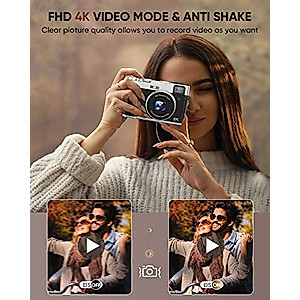 NEZINI 4K Digital Camera,Auto Focus 48MP Vlogging Camera for YouTube and Anti-Shake Video Camera with Viewfinder Flash & Dial,16X Zoom Travel Portable Digital Camera with 32GB Card,2 Batteries (Black)