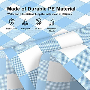 LIKAJON 6 Pack Blue and White Checkered Tablecloth, Blue Plastic Table Cloths for Parties Disposable, 54 x 108 inch Waterproof Rectangular Blue Gingham Camping Tablecloth for Birthday, Party, Picnic