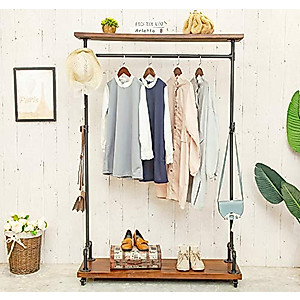 DOFURNILIM Industrial Pipe Clothing Racks, Rolling Garment Racks, Hall Tree on Lockable Wheels with Shelves and Shoes Storage, Heavy Duty Clothes Rack (two tiers garment rack)