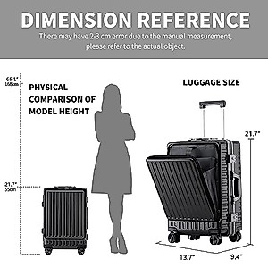 CAARANY Airline Approved Carry On Luggage With Front Pocket,20 Inch Aluminum Frame Luggage With Usb Charging Port,Pc Hard Case Travel Suitcase With Spinner Wheels And Tsa Lock（Black）