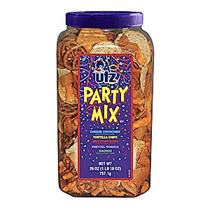 Utz Party Mix - 26 Ounce Barrel - Tasty Snack Mix Includes Corn/Nacho Tortillas, Pretzels, BBQ Corn Chips and Cheese Curls, Easy and Quick Party Snacks, Cholesterol Free and Trans-Fat Free