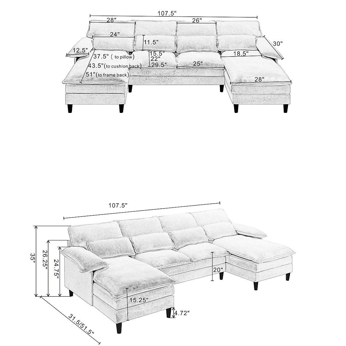 Symmetrical U Shaped Modular Sectional Sofa Cloud Couch, 6 Seater Oversized Convertible Sleeper Couch with Double Chaise & Memory Foam, Deep Seat Corner Sofa&Couches for Living Room Office