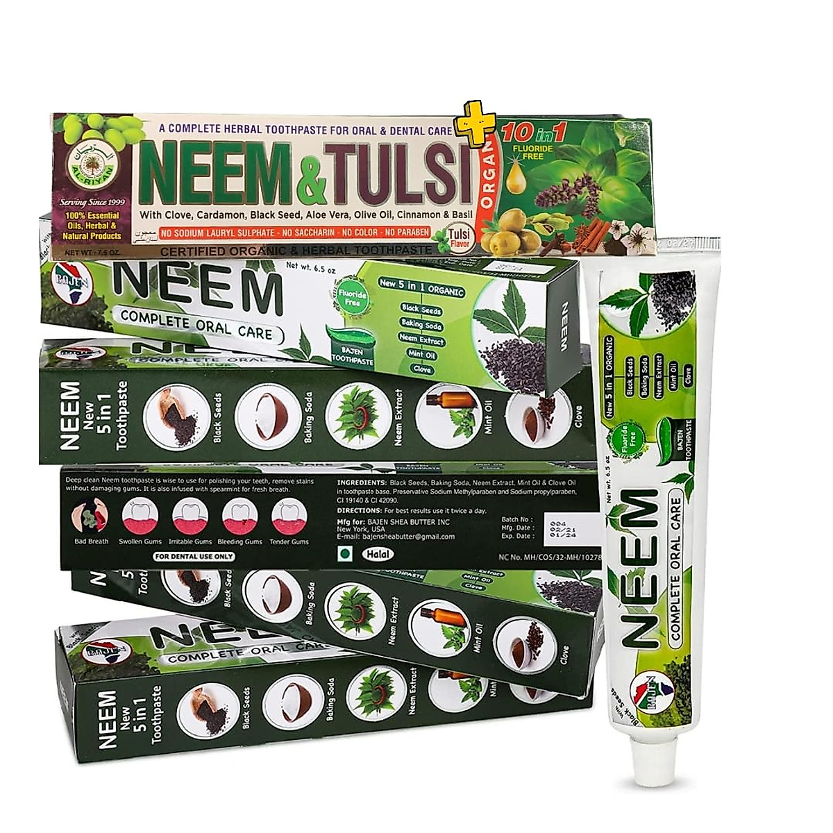 Pack of 4 - Organic Neem 10 in 1 Fluoride Free Toothpaste - Neem, Clove, Black Seed, Cardamon, Aloe Vera, Tea Tree Oil, Miswak, Clove - Herbal Blend - 7.05 oz