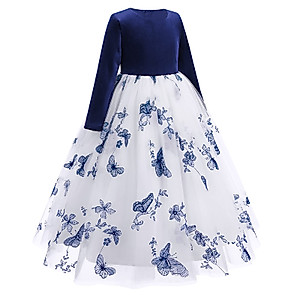 Kids Vintage Toddler Baby Velvet Winter Fall Maxi Dresses Flower Embroidery 3/4 Sleeve Princess Lace Tutu Long Sleeve Tunic Party Dance Gown for Girl Photo Shoot Butterfly-Navy 9-10 Years