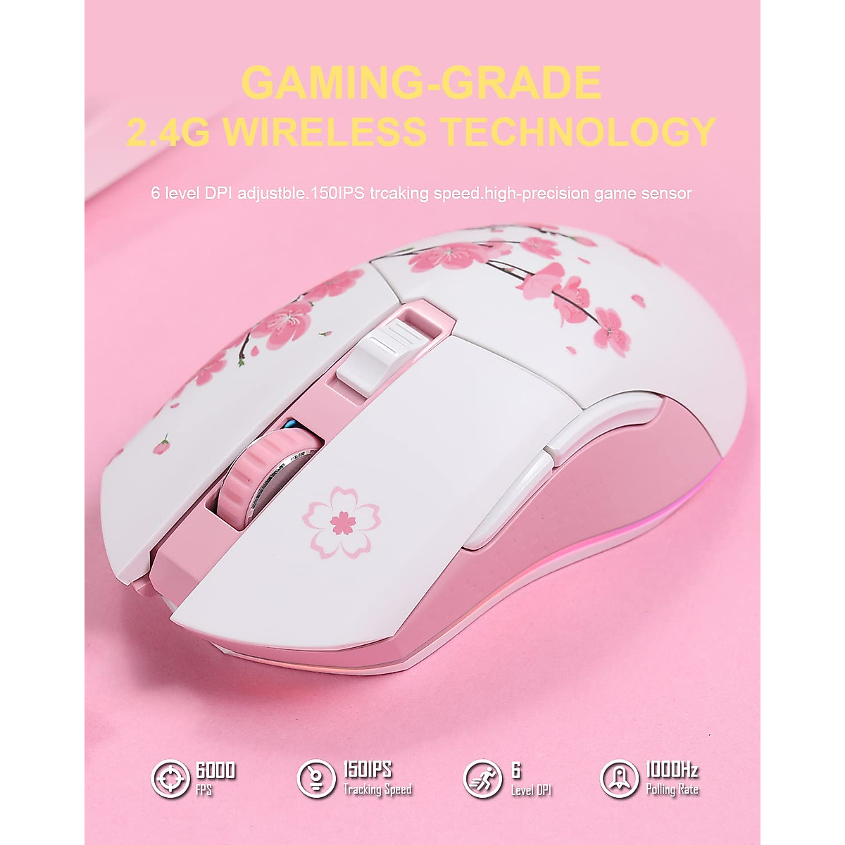 DAREU Sakura Pink Wireless Wired Gaming Mouse, Dual-Mode Rechargeable 7 Programmable Buttons,10K DPI,RGB and 7 Adjustable DPI Levels up to [150IPS] [1000Hz Polling Rate] for PC Notebook Mac