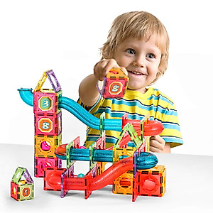 FUNTECH Magnetic Tiles, Magnetic Pipe Blocks, Marble Run STEM Building Set, 110Piece, GIft for Children Boys and Girls