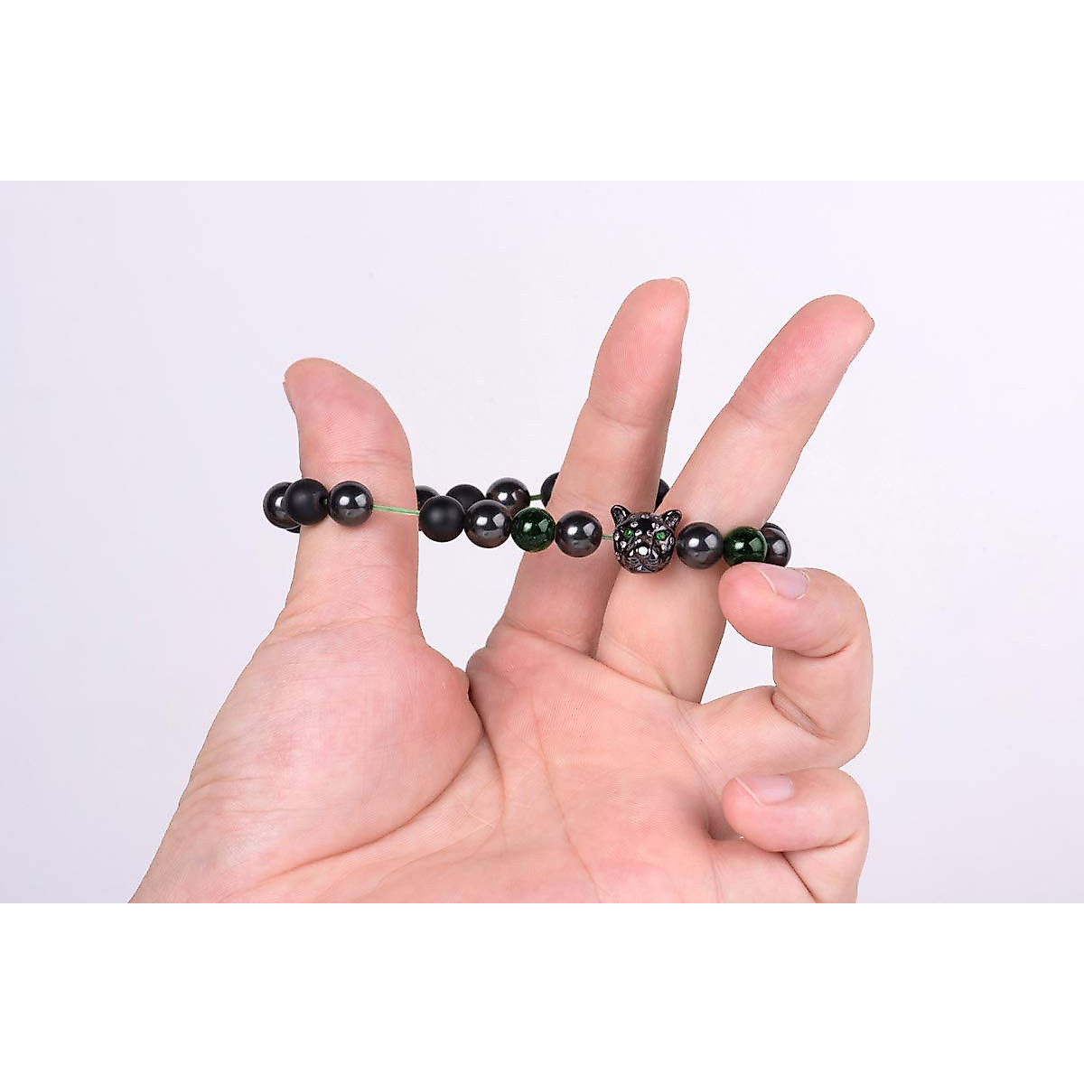 Karseer Black Panther Magnetic Hematite and Matte Onyx Natural Stones Beaded Stretch Bracelet Energy Crystal Meditation Prayer Stress Relief Beads Bracelet for Men Women