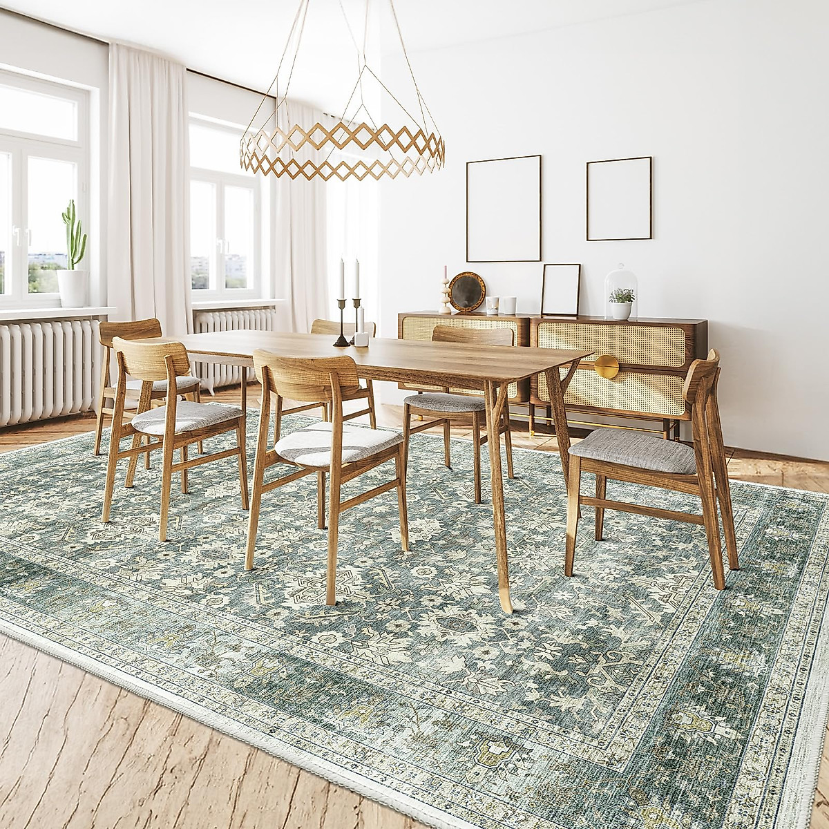 HOMFINE Machine Washable Rug 5'x7' - Vintage Design Area Rugs with Non Slip Rugs for Living Room Bedroom Floral Print Rug Carpet Stain Resistant, Home Decor Office Area Rug, Green