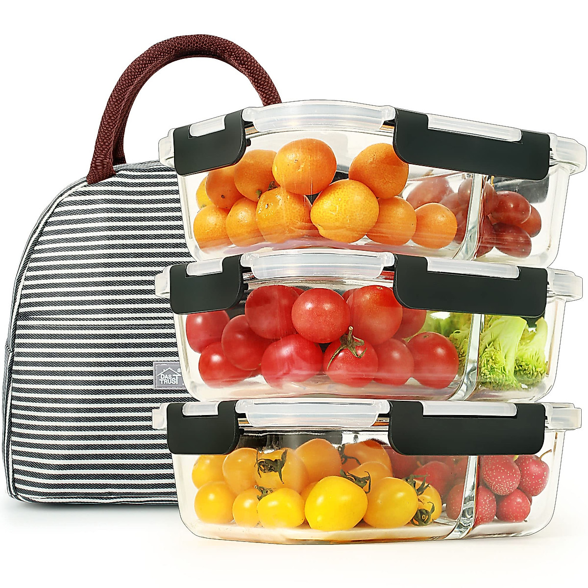 DAS TRUST 3 Pack 36oz Food Storage Containers 2 Compartments Glass Meal Prep Containers with Lids Lunch Containers for Adult with Dividers Reusable Lunch Bento Box