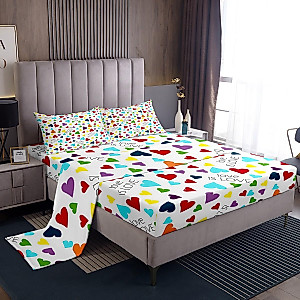 jejeloiu Kids Heart Love Sheet Set King Size Geometric Love Pattern Bed Sheets Set Romantic Sheets with Deep Pocket Fitted Sheet Valentine's Day Colorful Bedding Set with 2 Pillow Case