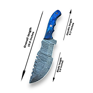 Handmade Hunting Damascus steel Hunting Knife with Genuine Leather Sheath | 10'’ EDC Knife for Men | Fixed Blade Outdoor Knife with Blue Pakka Wood Handle | Damascus Razor Sharp Blade 5212-Blue