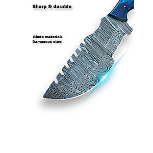 Handmade Hunting Damascus steel Hunting Knife with Genuine Leather Sheath | 10'’ EDC Knife for Men | Fixed Blade Outdoor Knife with Blue Pakka Wood Handle | Damascus Razor Sharp Blade 5212-Blue