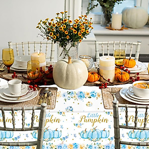 LINHAXM 3 Pack Blue Little Pumpkin Baby Shower Tablecloths - Fall Pumpkin Floral Plastic Table Cover for Baby Boy Shower Gender Reveal Decorations, 54 x 108 Inch