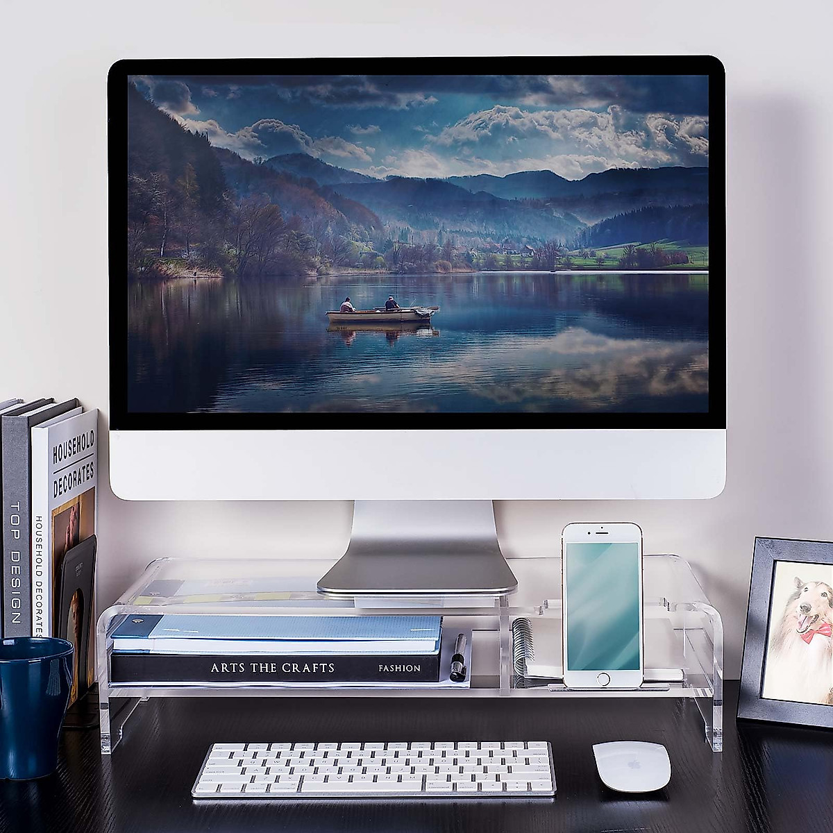 BEYGORM Acrylic Monitor Stand Riser, Wide 20", 2 Tier Computer Stand with Storage, Desk Organizer Desktop Printer Stand Laptop Storage Shelf Screen Holder with Phone Holder(Clear)