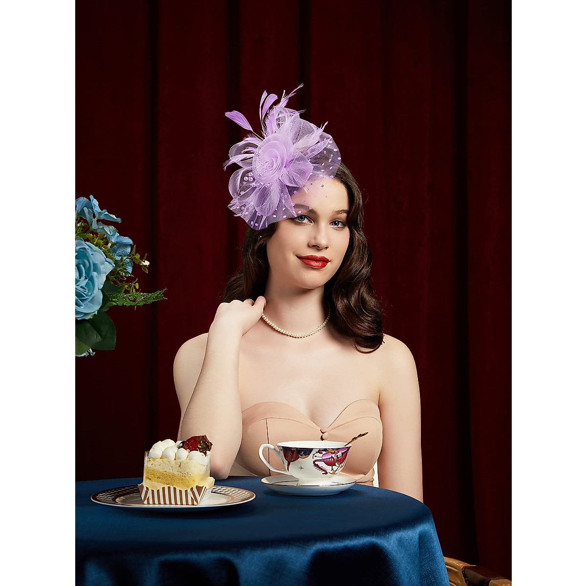 Cizoe Fascinators Hat for Women Tea Party Hat Kentucky Derby Wedding Flower Cocktail Mesh Feathers Headpiece(1-Lavender)