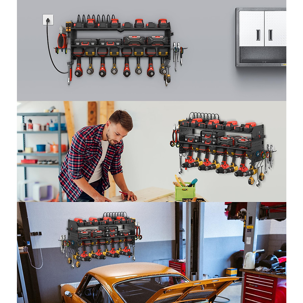 JUNNUJ Large Pegboard Power Tool Organizer with Charging Station, 8 Drills Driver and Tools Battery Holder Wall Mount with 8 Outlet Power Strip, Black 3-Layer Shop Garage Storage Utility Rack