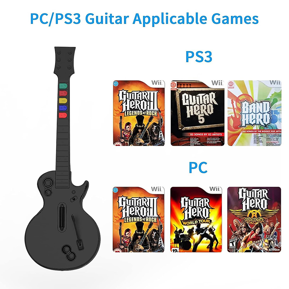 NBCP PC Guitar Hero Controller, Wireless PS3 Guitar Hero with Dongle for PC,Playstation 3 Guitar Hero Rock Band Would Tour Clone Hero Games - Black
