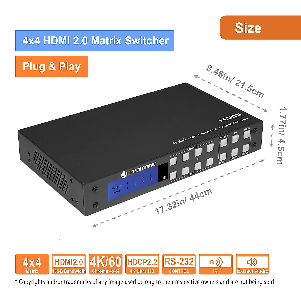 J-Tech Digital 4K 4x4 HDMI Matrix Switch HDMI2.0 4K 60Hz 4:4:4 HDR Compatible with Dolby Vision, with Audio Outputs, Display Panel, Web GUI Control, J-Tech Digital Control App [JTECH-4KM44A]